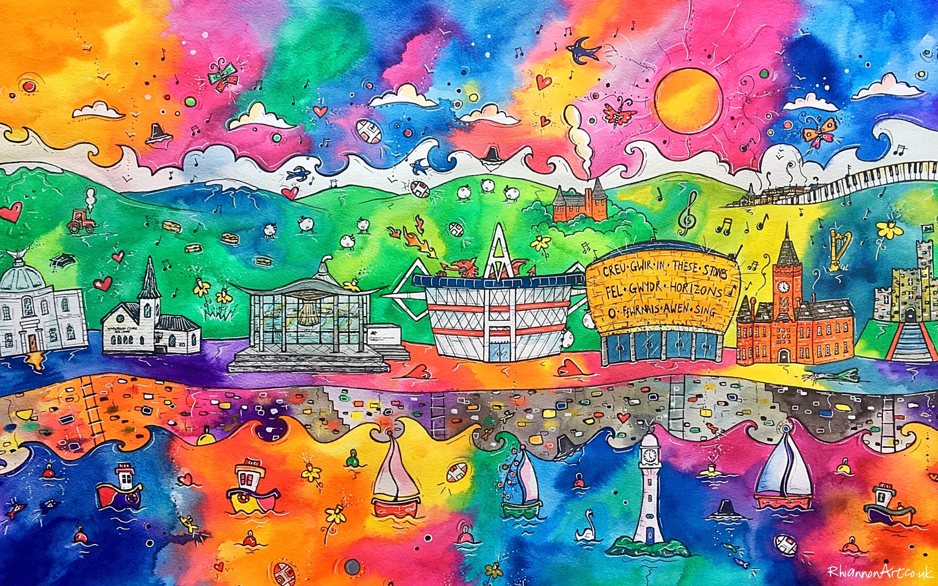 Rhiannon Art Cardiff Colourful Hills and Dancing Boats 1920×1200 ...